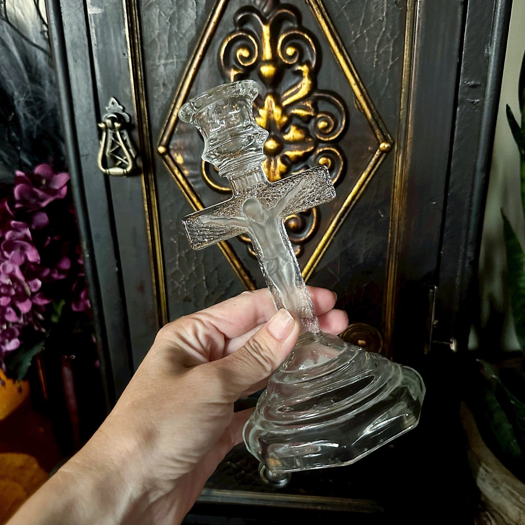 Vintage Glass Crucifix Candlestick Holder, Vintage Religious Decor ...