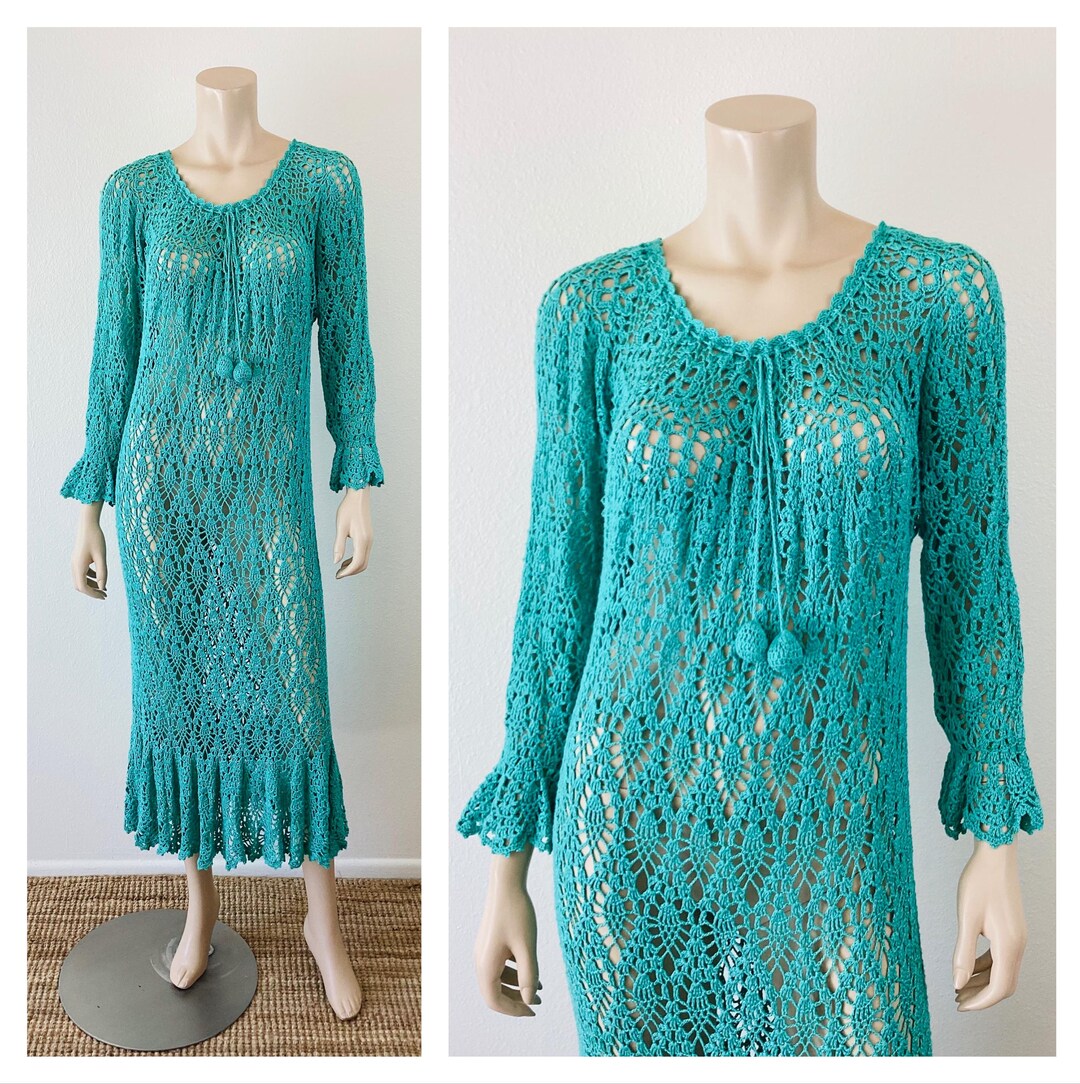 Vintage TURQUOISE Blue Sheer Hand CROCHET Hippie Boho Maxi Dress - Etsy