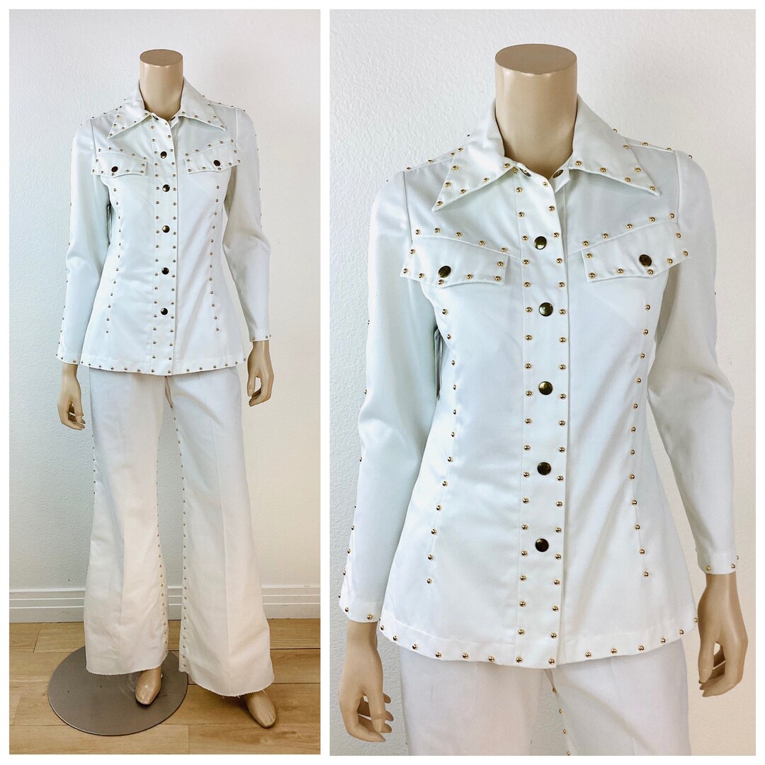 Vintage 1970s WHITE & GOLD Metallic STUDDED Bellbottom Pants and Jacket ...