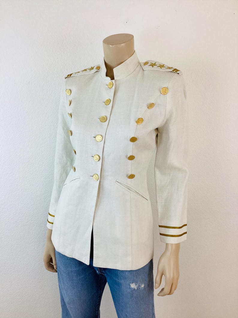 Vintage 1980s WHITE LINEN & Gold MILITARY Style Cache Jacket / Gold ...