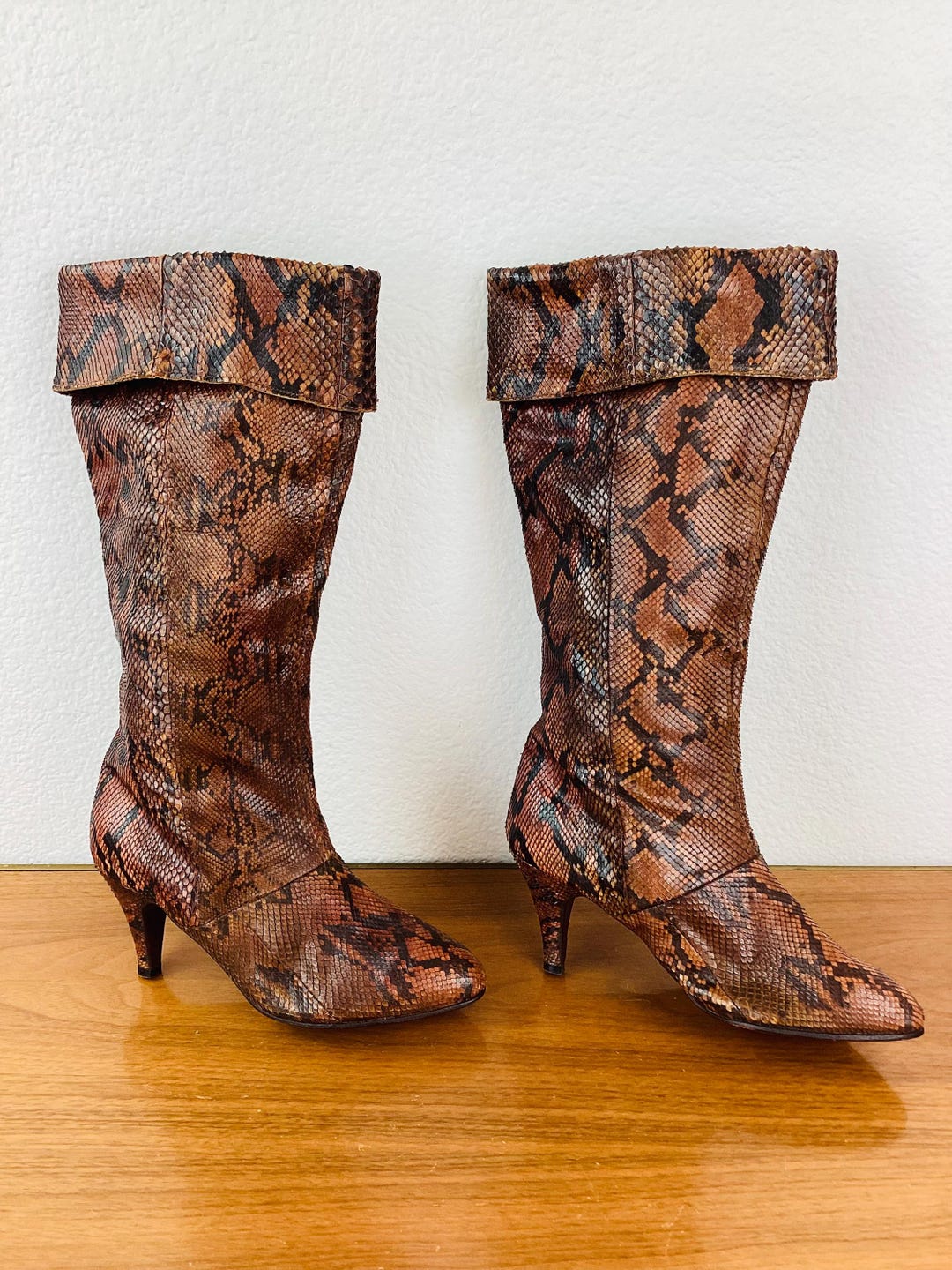 Vintage 1980s BROWN SNAKESKIN Tall High Heel Boots / Shoes - Etsy
