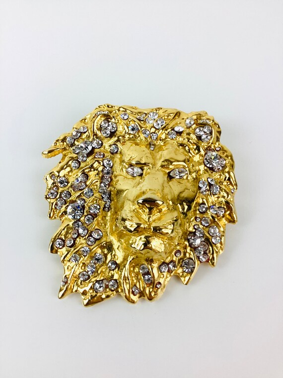 1990’s Gold Lion Rhinestone Door Knocker Necklace - Gem