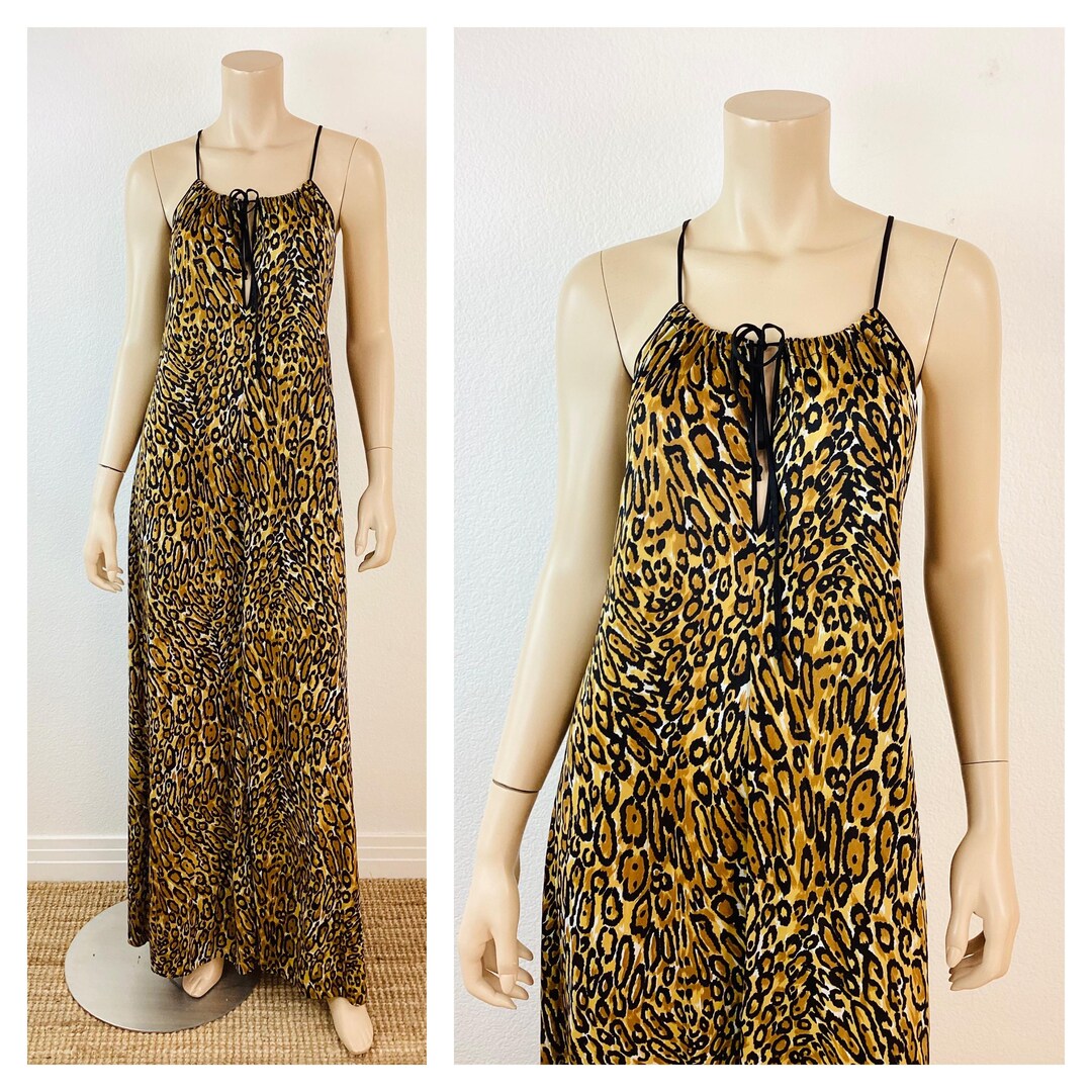 Vintage 1970s LEOPARD Print SKIMPY String Tie Maxi Nightgown Slip Dress ...