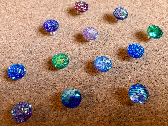 12 Push Pins Sparkly Circle Mermaid Pushpins Glitter Tacks | Etsy