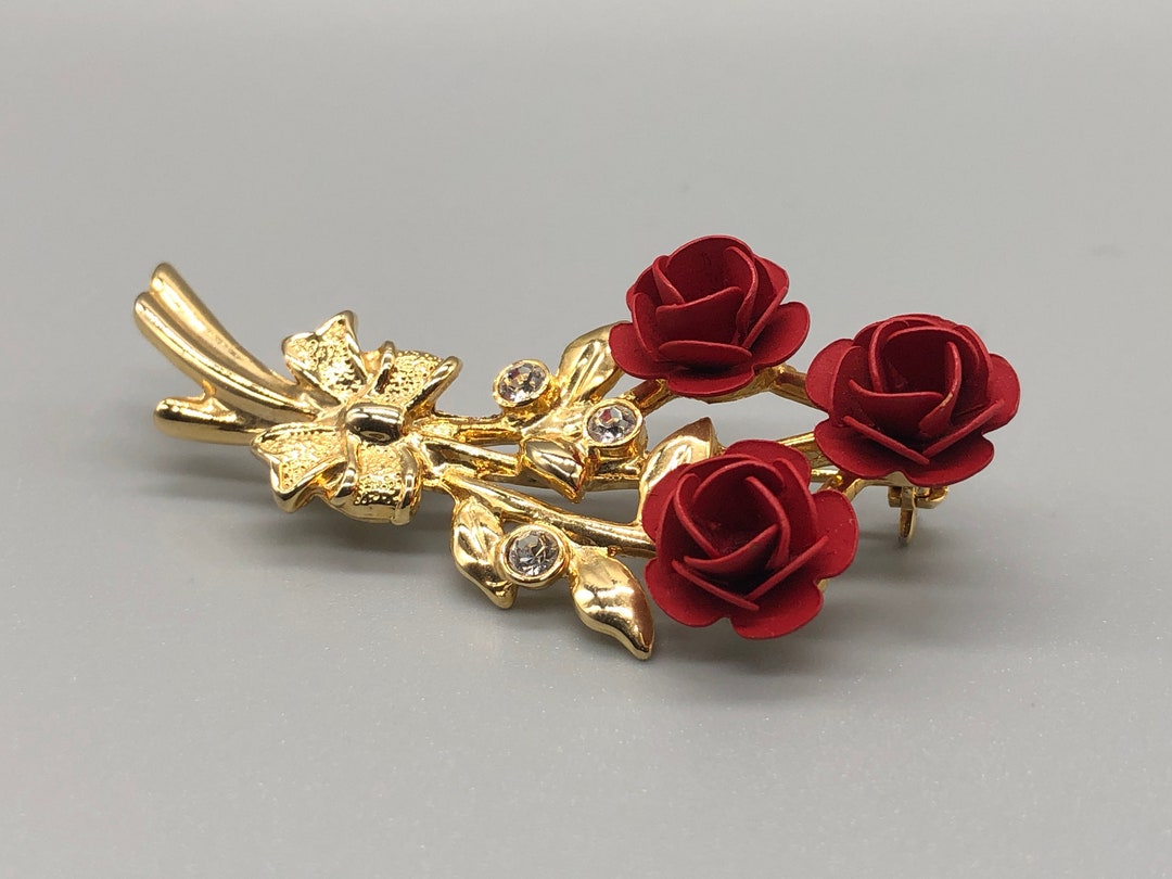 Broche de fleur de roses rouges de ton or vintage | vintage Gold Tone ...