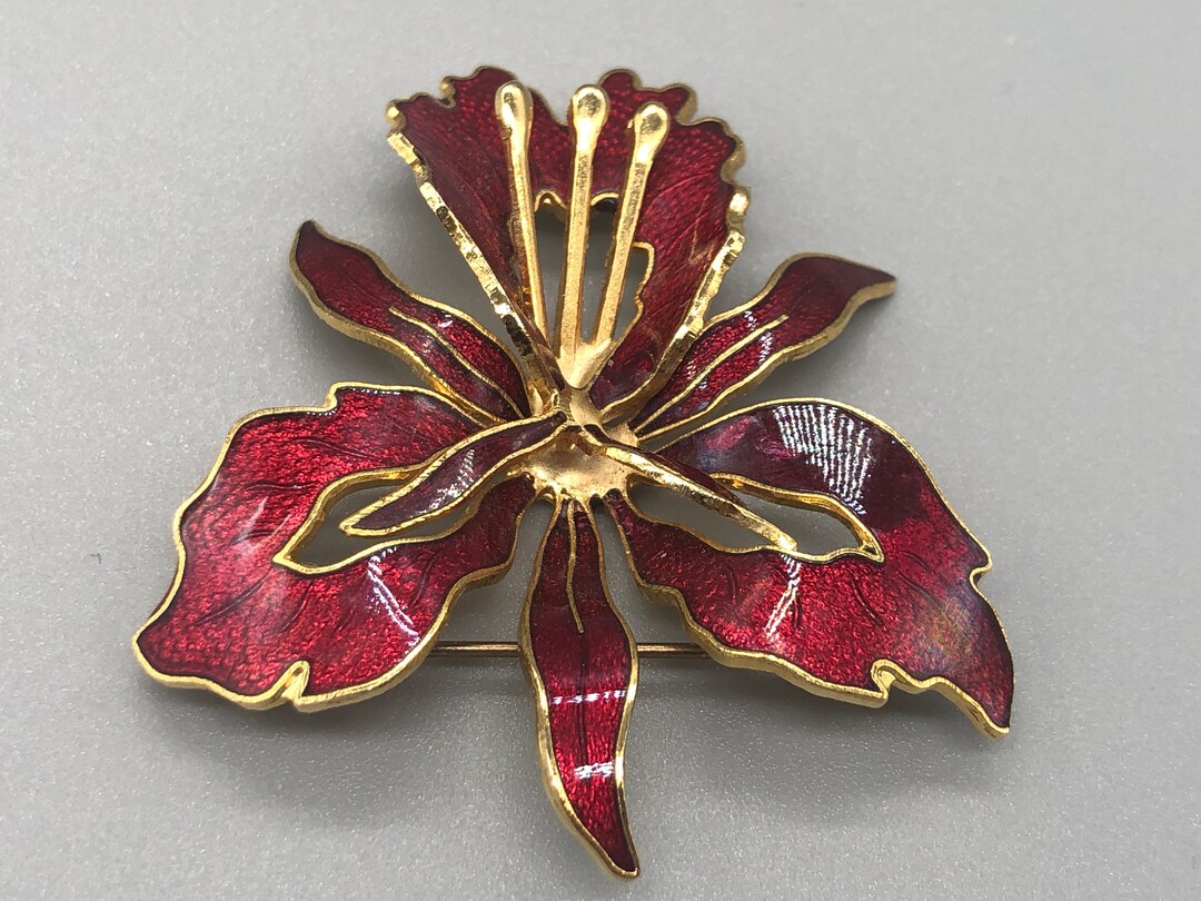 Large Vintage Gold Tone Red Flower Brooch | Vintage Gold Tone Red ...