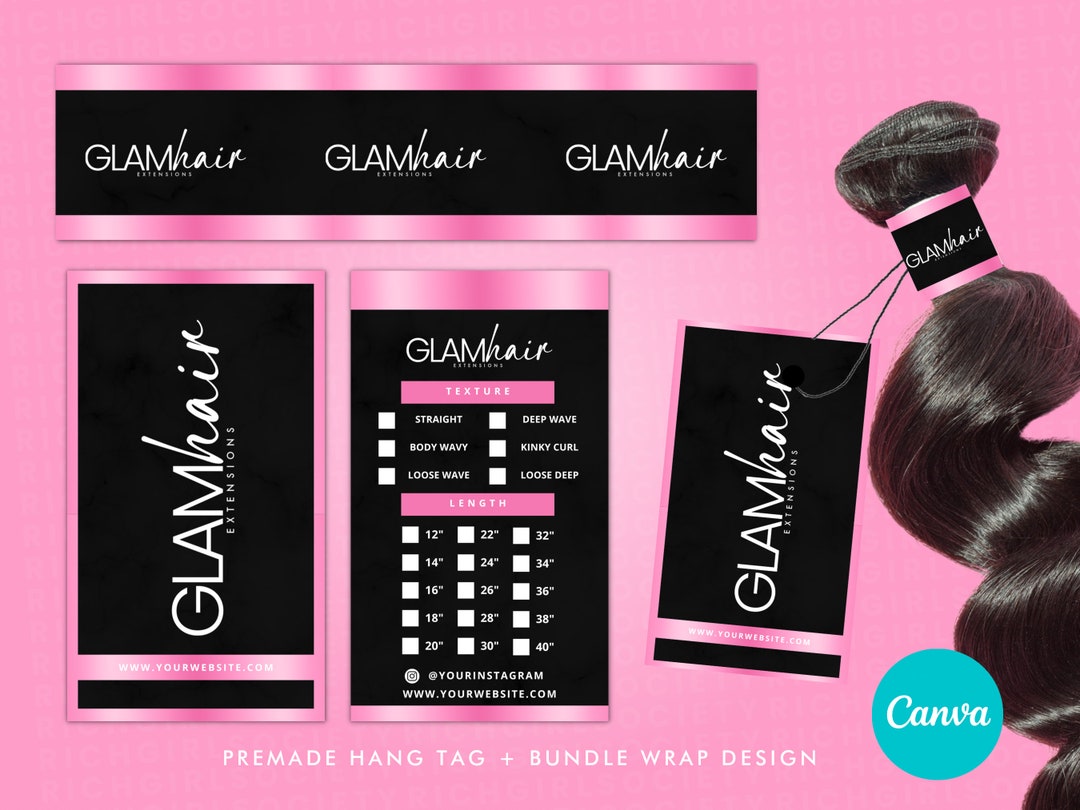 Pink Hang Tags, Bundle Wraps, Hair Packaging, Hair Tags, Editable Canva ...