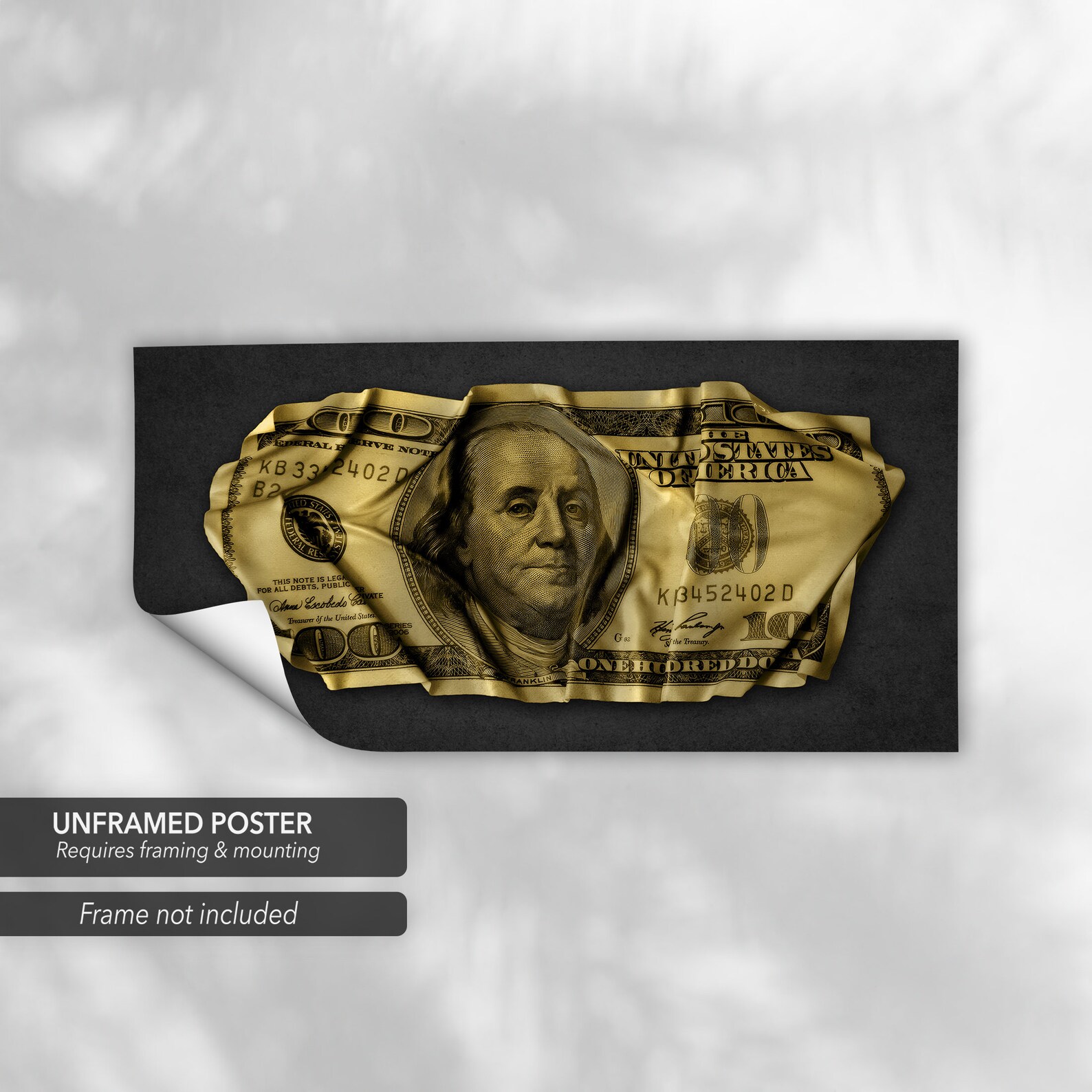 Crumpled 100 Gold Dollar Bill: Canvas Wall Art/poster Print ...