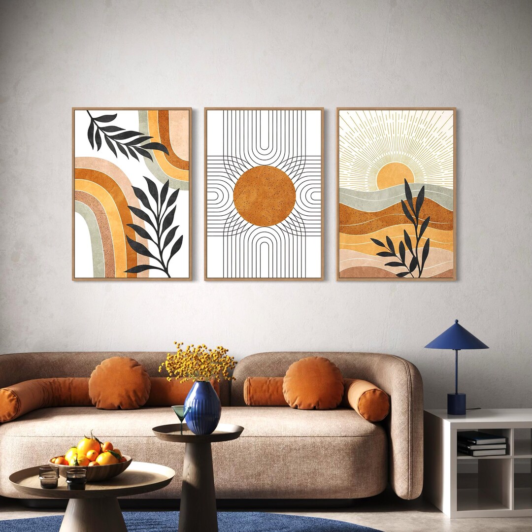 Framed Canvas / Poster Wall Art Set of 3 Prints | Geometric Sun Desert ...