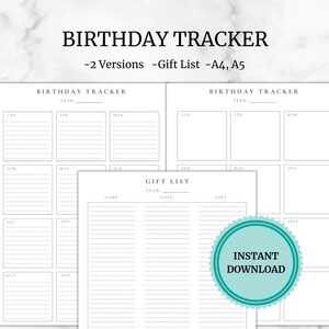 Printable, Fillable Birthday Tracker and Gift List Template | Birthday ...