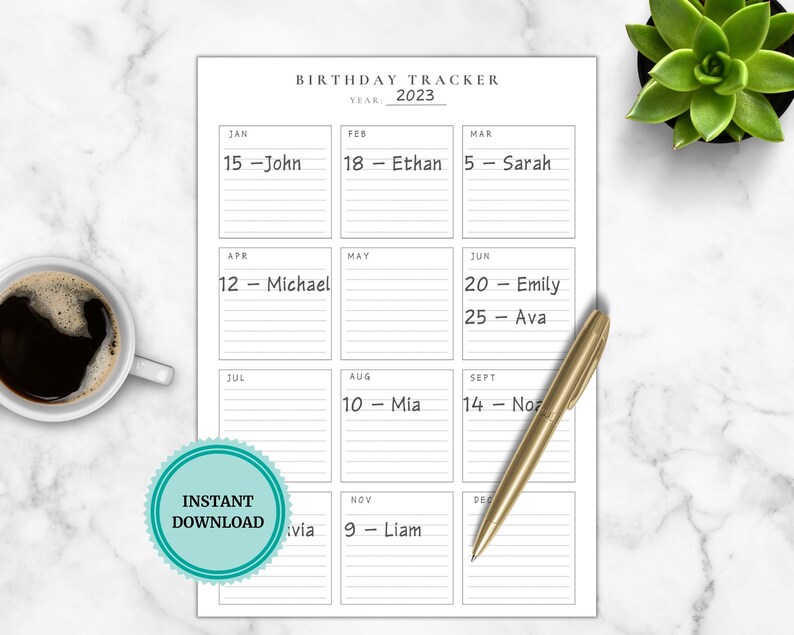 Printable, Fillable Birthday Tracker and Gift List Template | Birthday ...