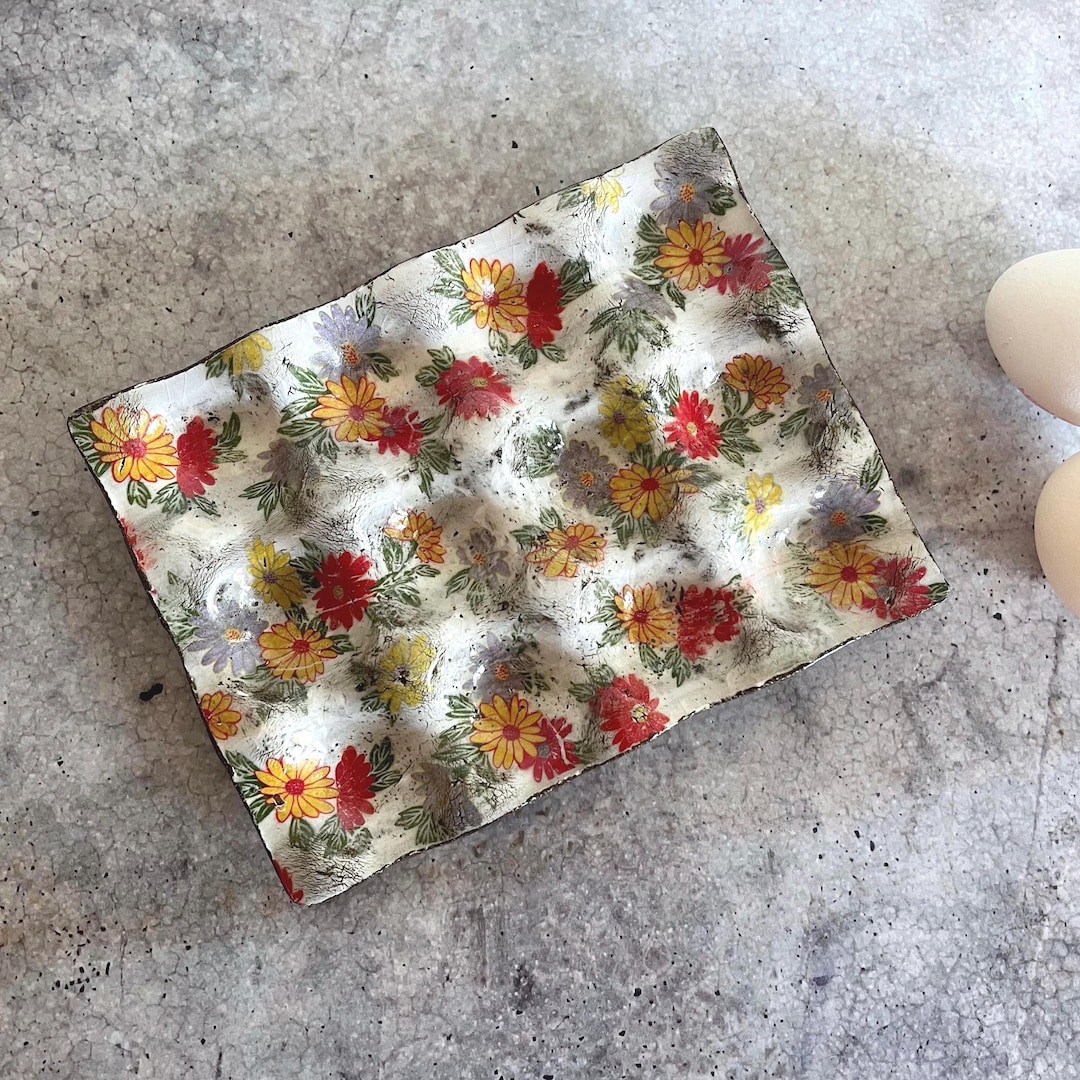 Floral Rustic Ceramic 12 Egg Tray ,handmade Egg Holder ,easter Tray ...