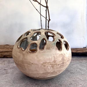 Rustic Beige Ceramic Round Vase With Organic Cutouts,earthy Home ...