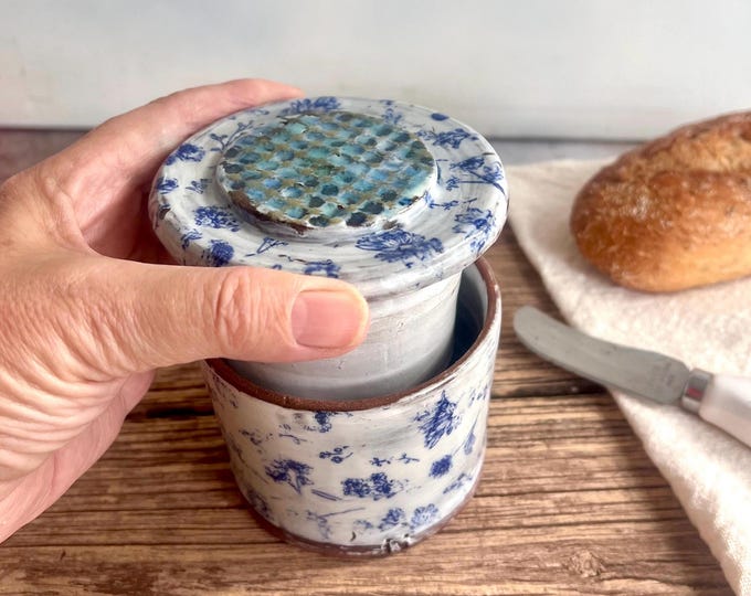 Blue Willow Butter Dish ,french Butter Crock,white Foral Butter Dish ...