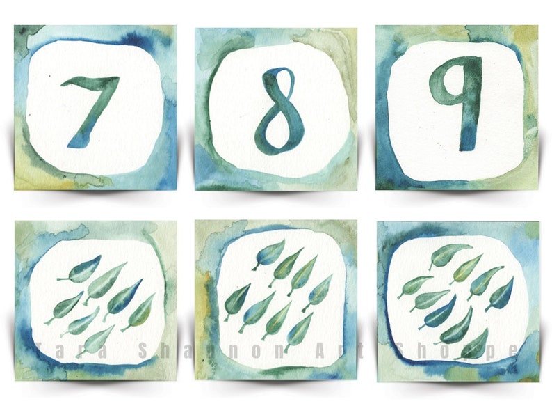 Watercolor Leaf Number Flash Cards - Etsy