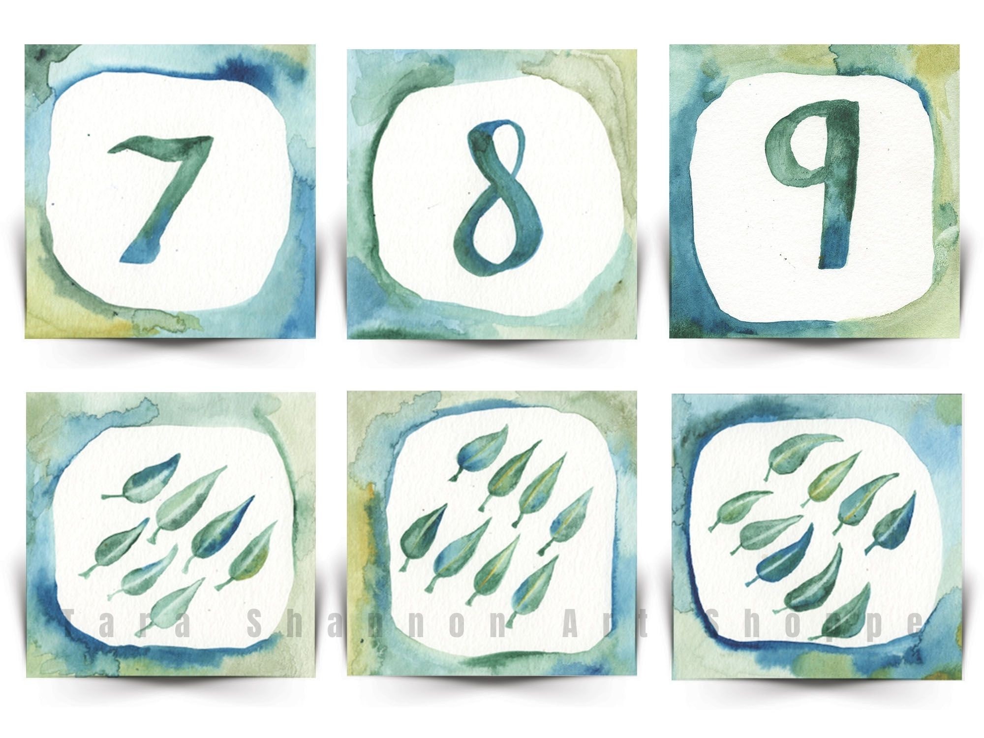 Watercolor Leaf Number Flash Cards - Etsy