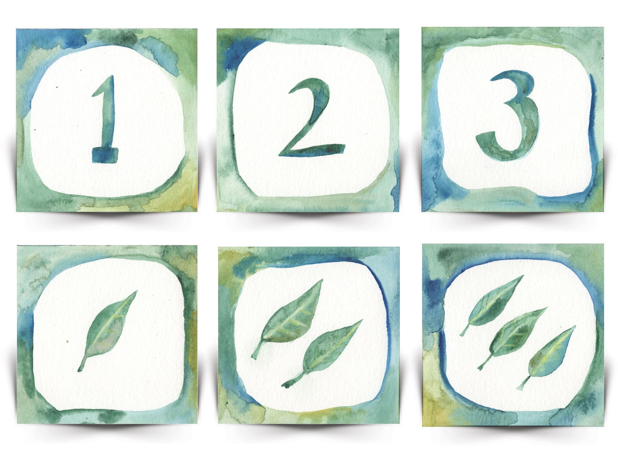 Watercolor Leaf Number Flash Cards - Etsy
