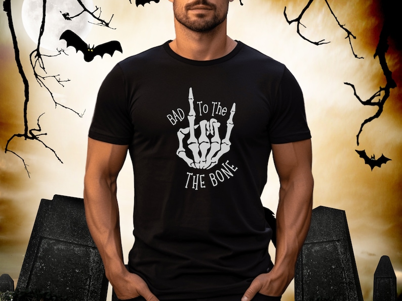 Bad to the Bone Halloween T-shirt | Funny Skeleton Middle Finger - Etsy
