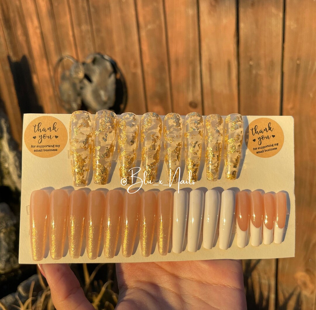 French Tip Gold Shimmer Gold Flake Coffin 24pc Press on Nails - Etsy