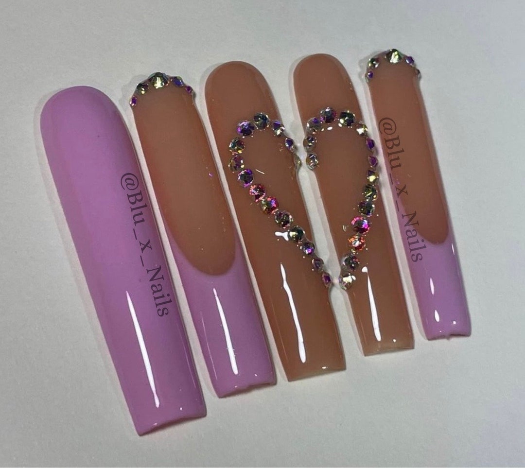 Pink Valentines Day Rhinestone Heart French Tip 3XL Box Square Press on Nails - Etsy