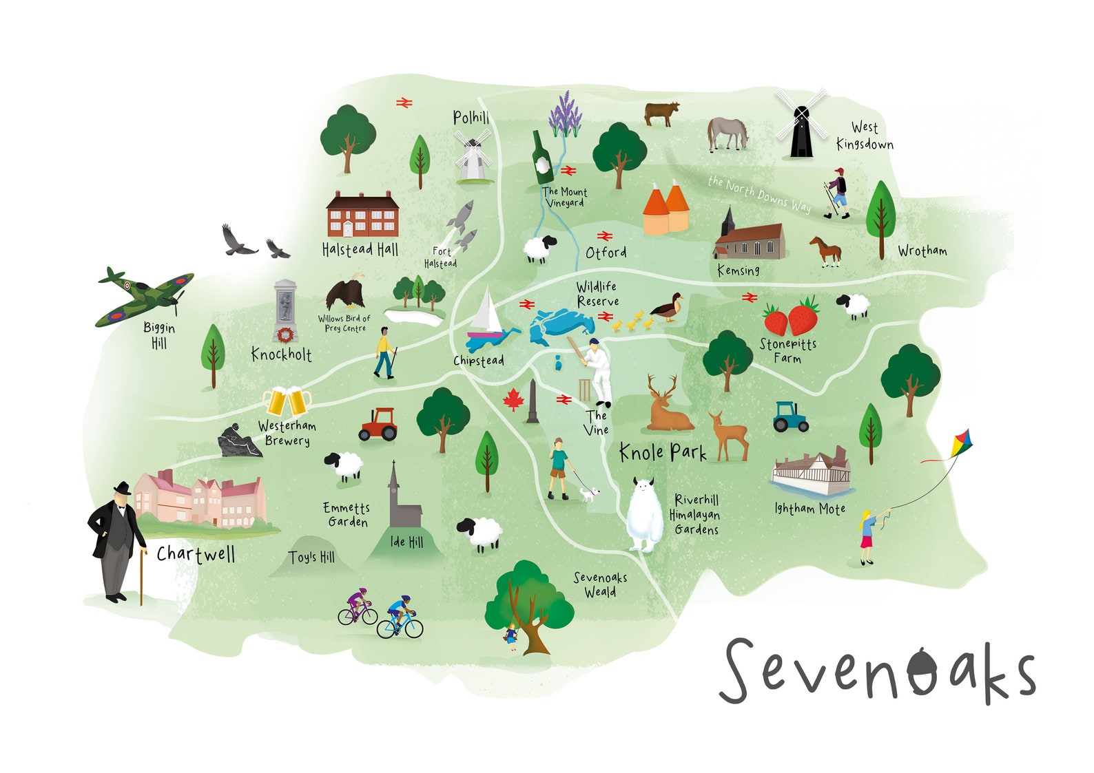 Sevenoaks Illustrated Map Ft Knole Park, Sevenoaks Wildlife Reserve and ...