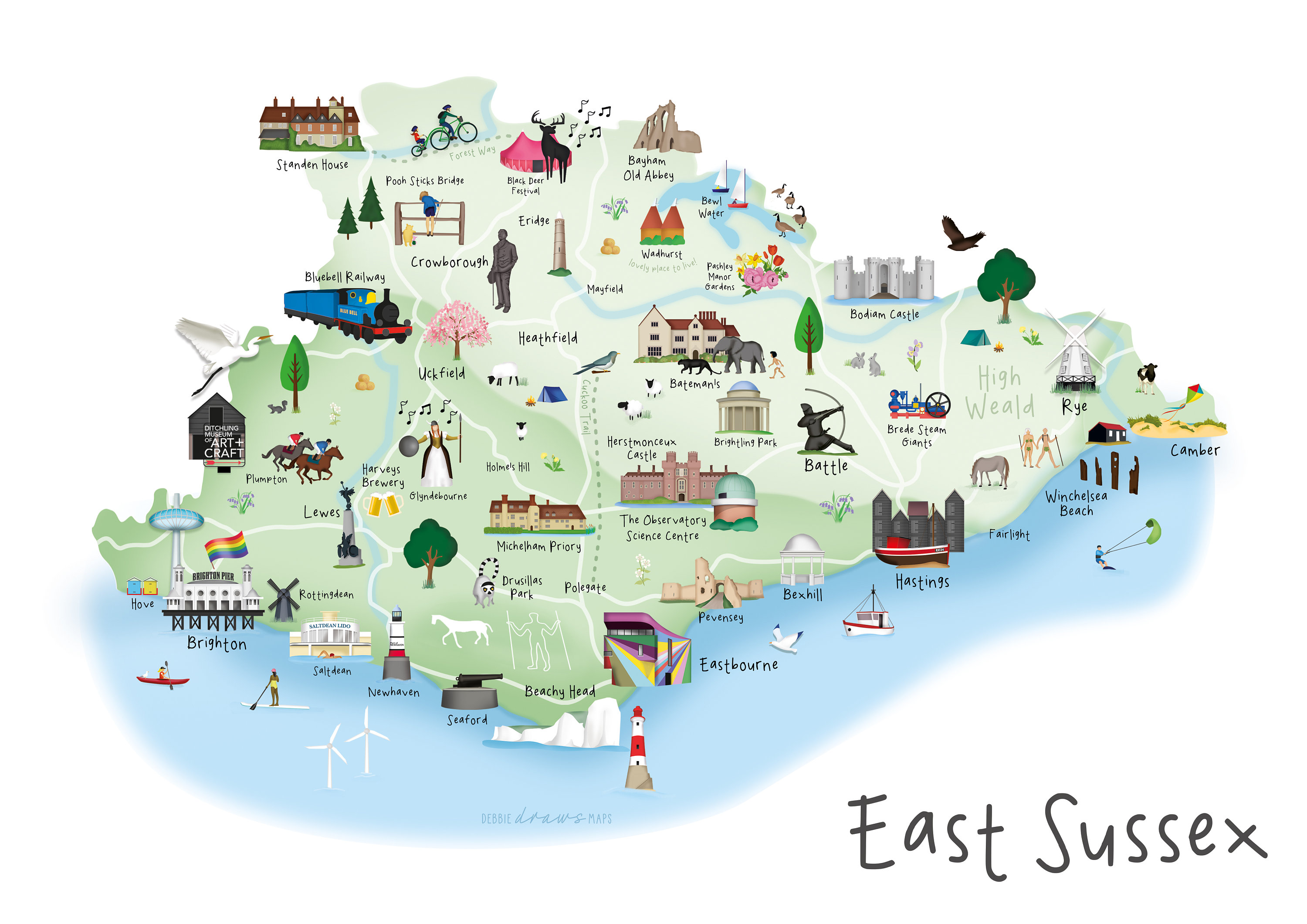 East Sussex Illustrated Map - Ft Brighton, Hastings, Crowborough and ...