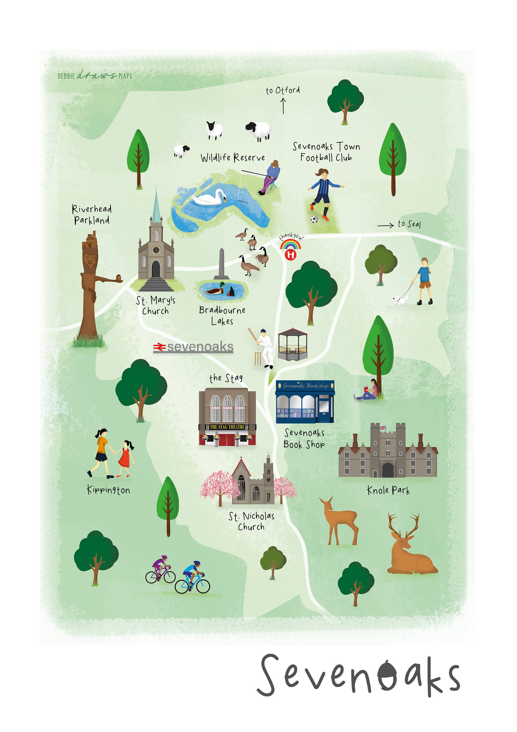Sevenoaks Town Illustrated Map - Portrait / Map / Art / Print / Gift ...