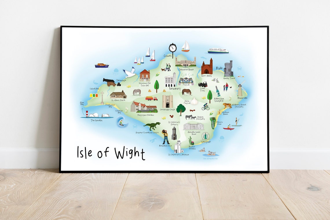 Isle of Wight Illustrated Map Ft Cowes Ryde Newport and - Etsy UK