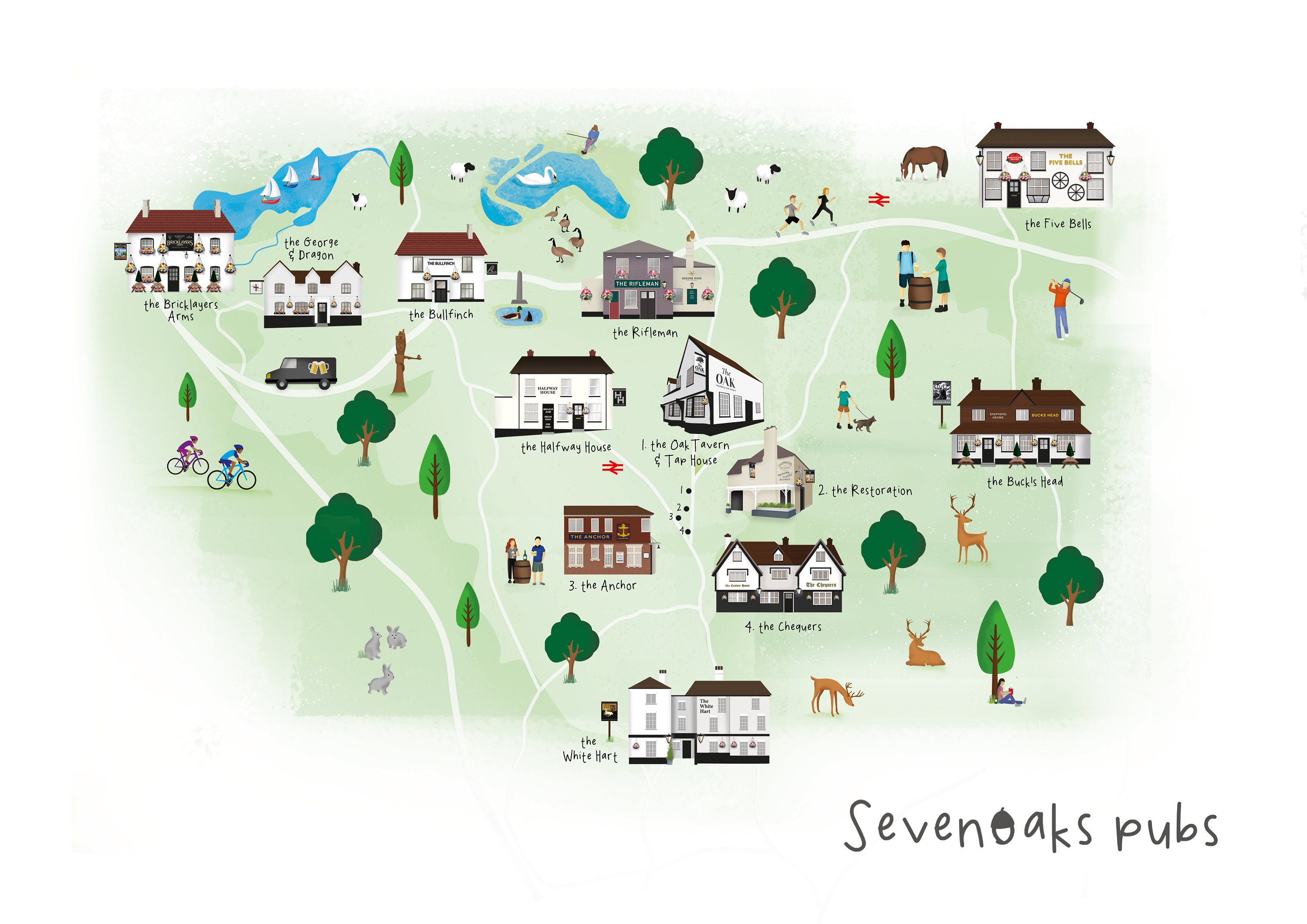 Sevenoaks Pubs Illustrated Map - Landscape / Map / Art / Print / Gift ...