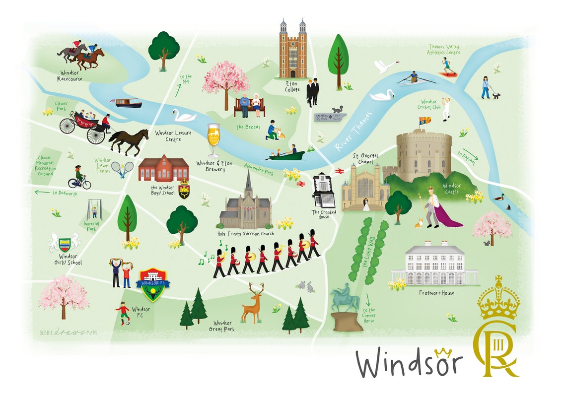 Windsor Illustrated Map - Ft Windsor Castle, Frogmore House, St ...
