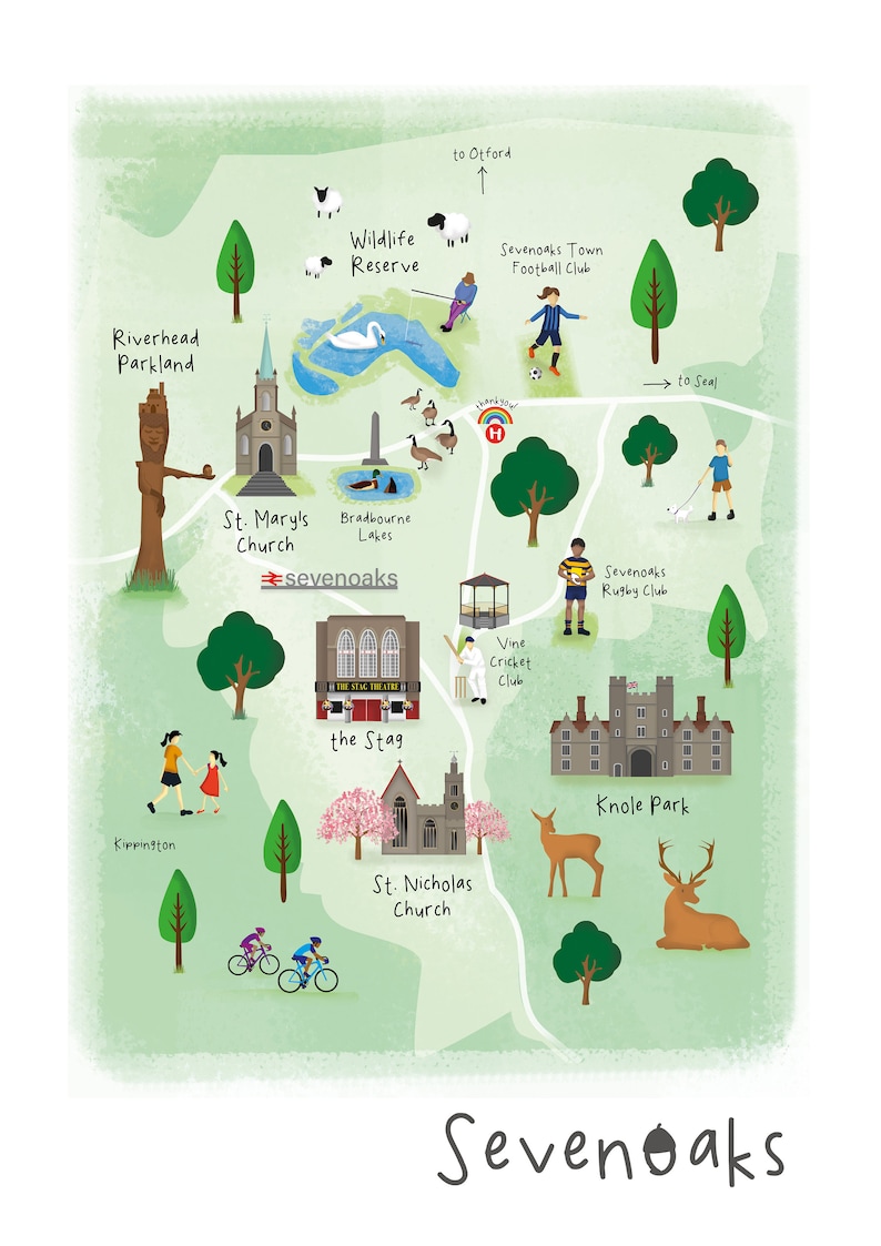 Sevenoaks Town Illustrated Map Portrait / Map / Art / Print | Etsy UK