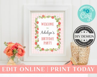 Editable Strawberry Welcome Sign Strawberry Birthday Party - Etsy