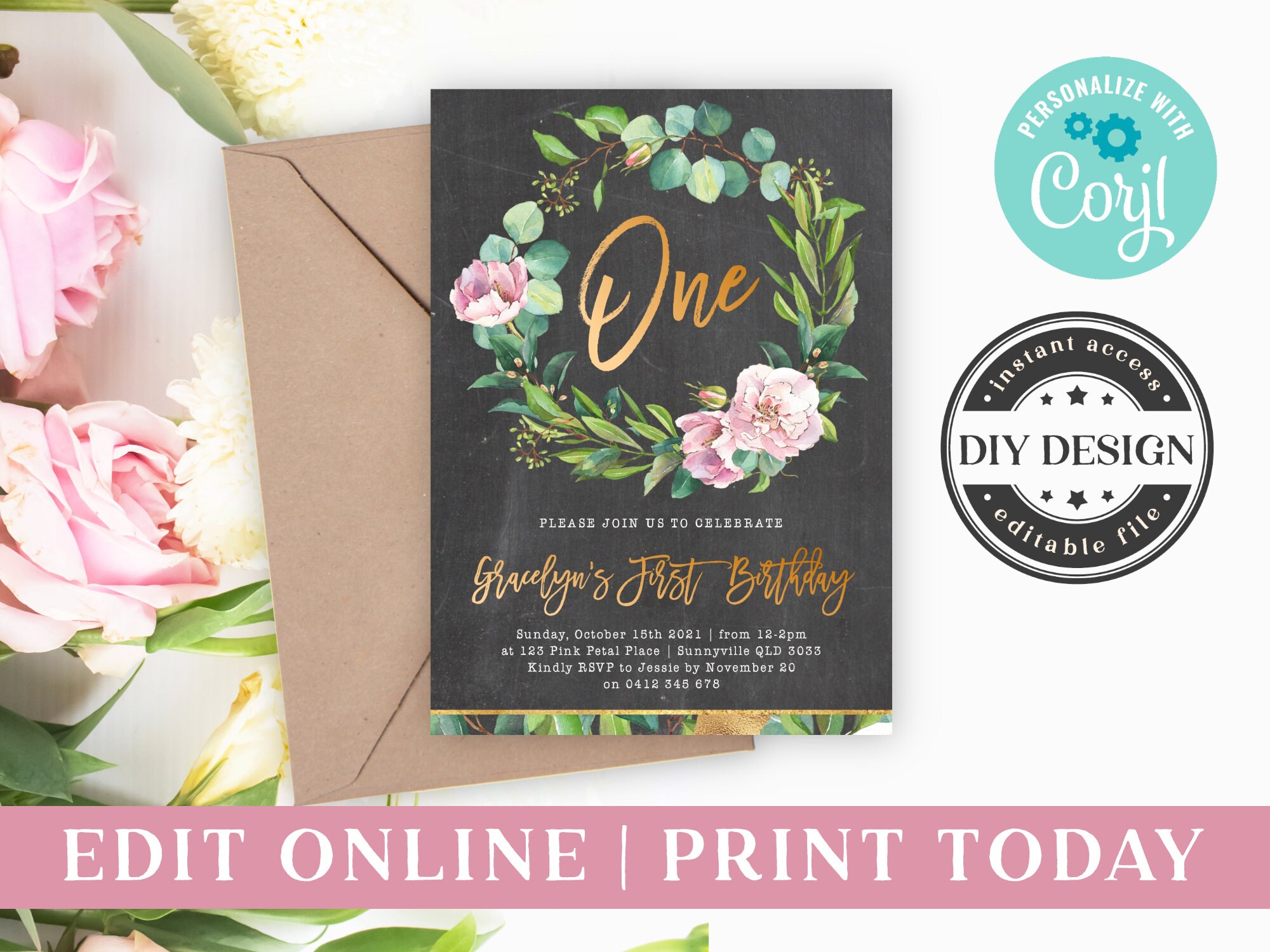 Editable Flowers Invitation Instant Download Corjl Template - Etsy