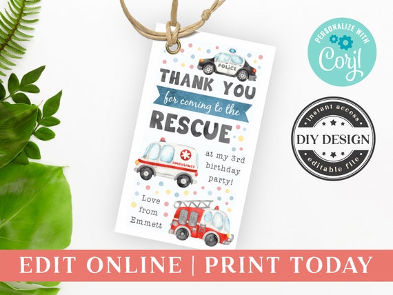 Editable Emergency Favor Tag First Responder Vehicles - Etsy