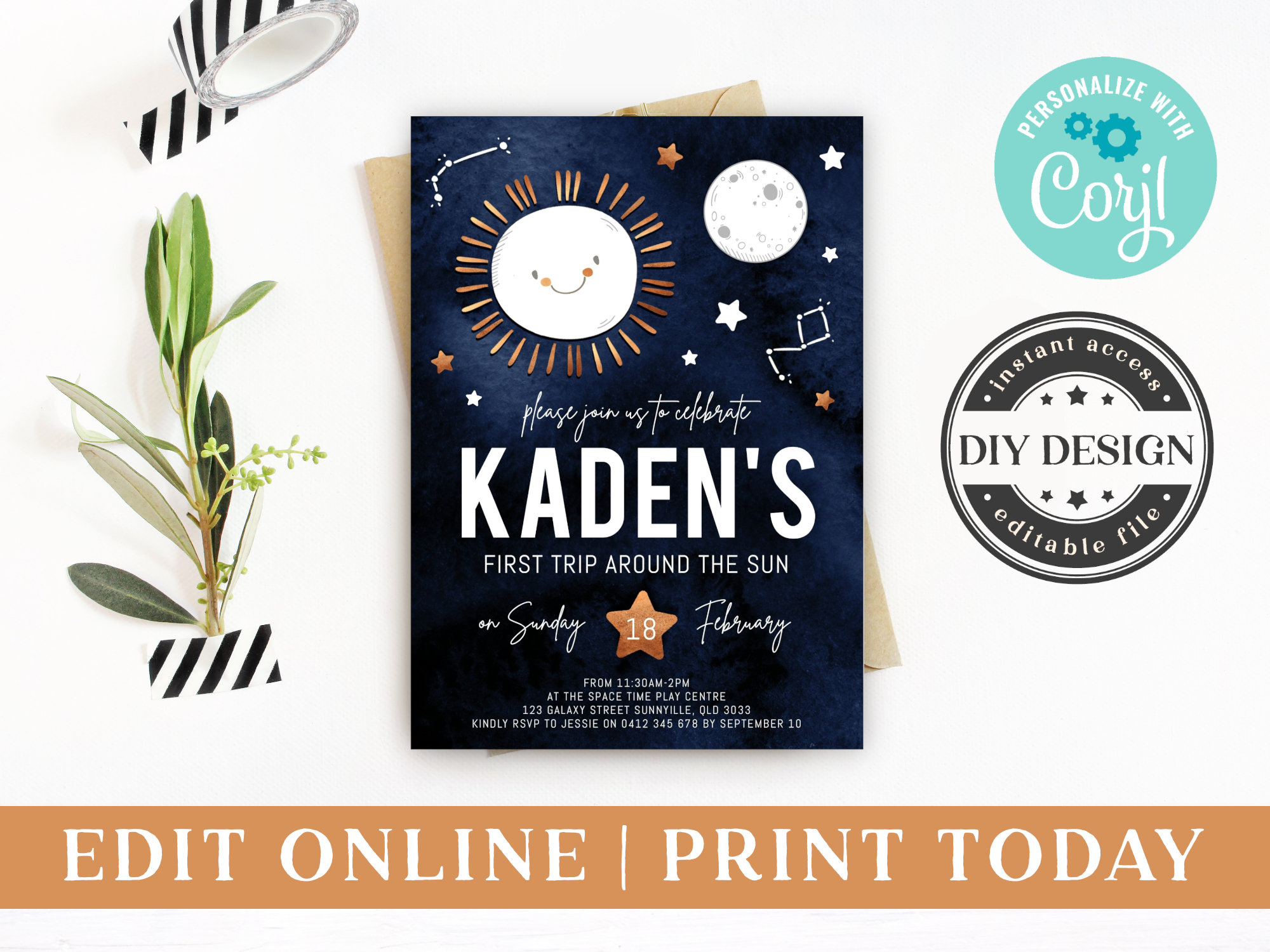 Editable Space Themed Invitation, Around the Sun Boy's 1st First ...