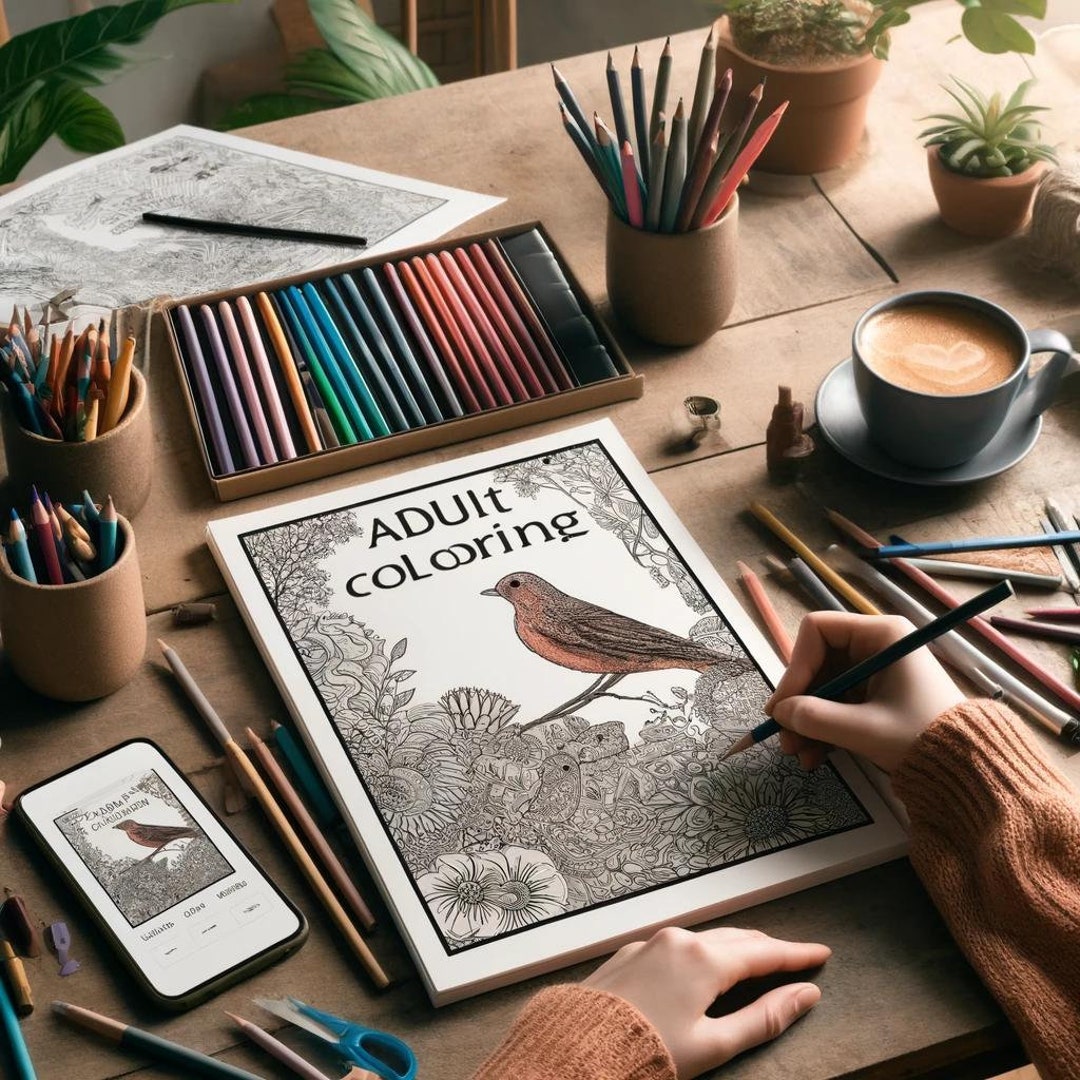 Adult Coloring Pages, Printable Bird Watcher and Woodpeckers Scene ...