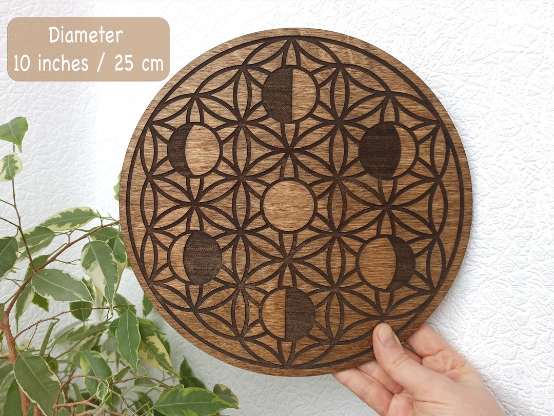 Flower of Life Crystal Grid Board, Moon Phases Wall Art, Sacred ...