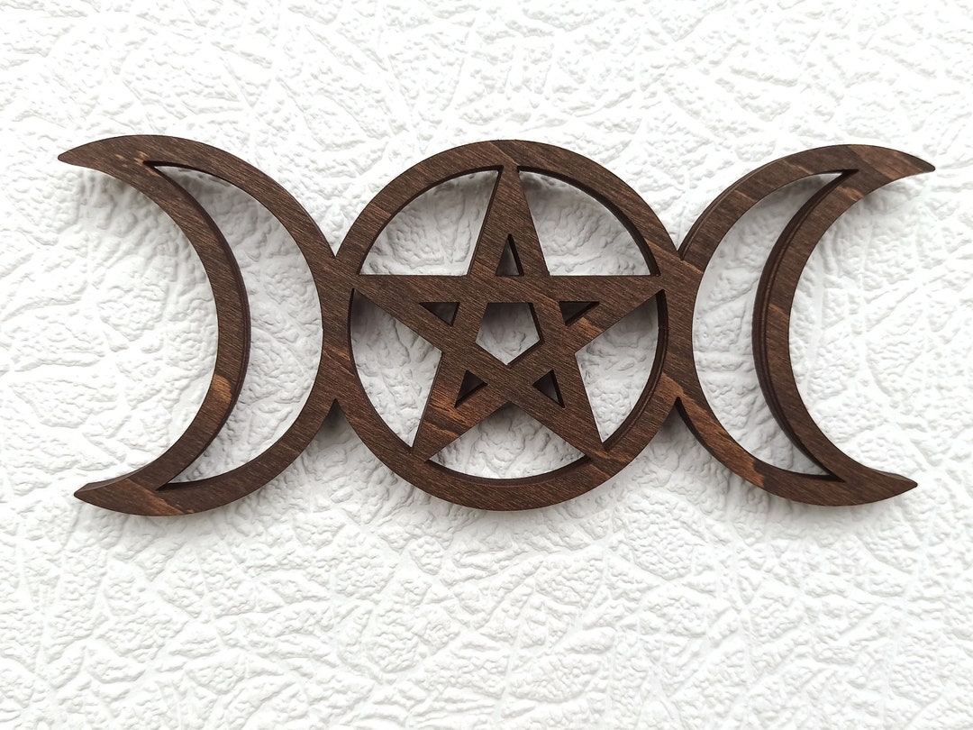 Triple Moon With Pentacle Wood Wall Decor, Triple Moon Wiccan Altar ...