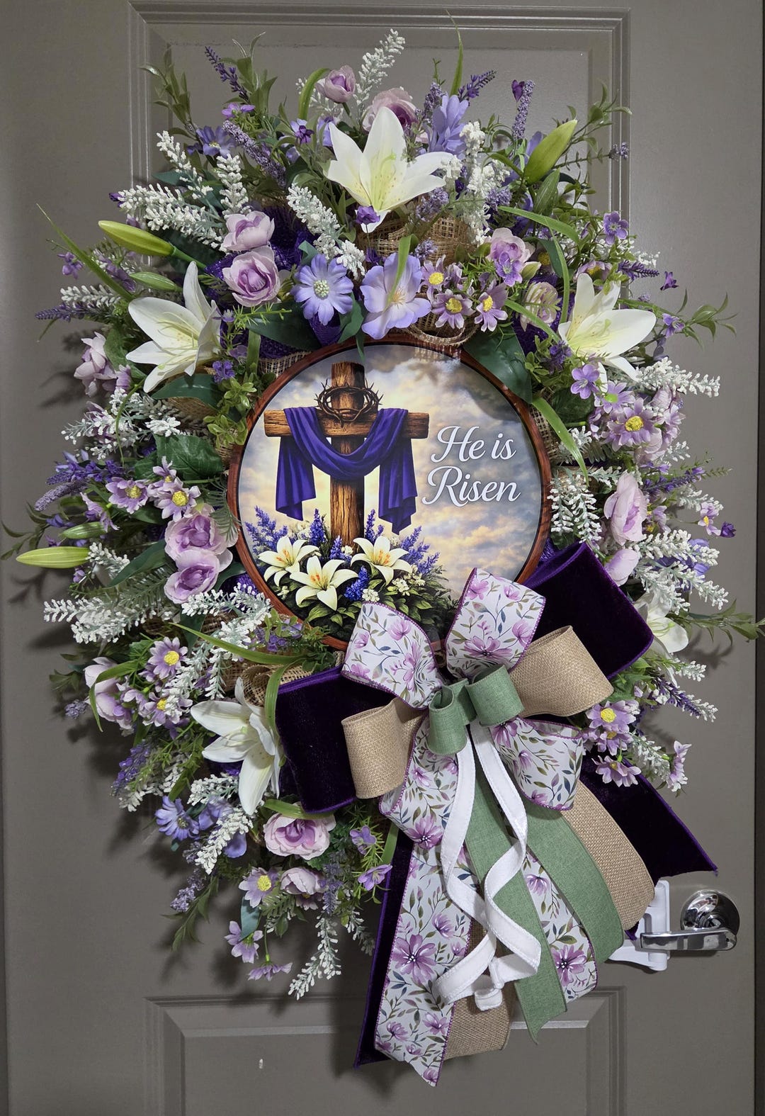 He is Risen Easter Wreath | Christian Easter Door Decor | Purple Spring ...