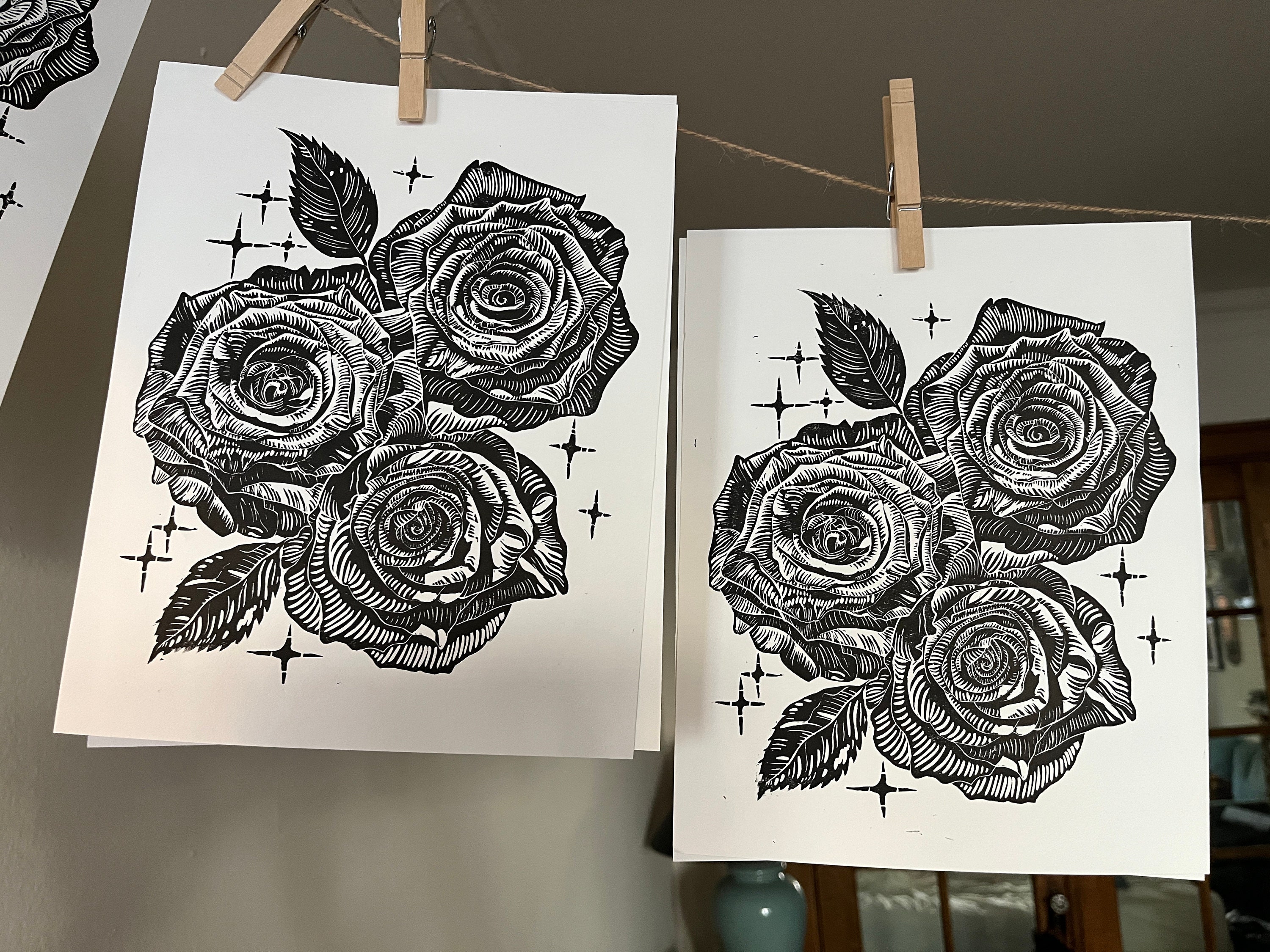 Roses Handprinted Linocut - Etsy