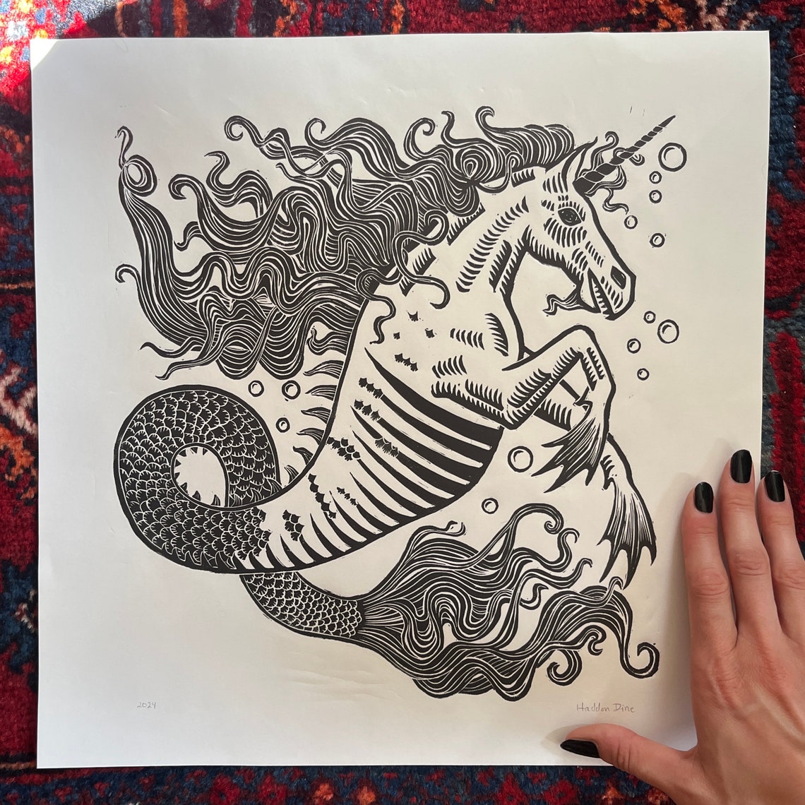 Sea Monster Handprinted Linocut - Etsy