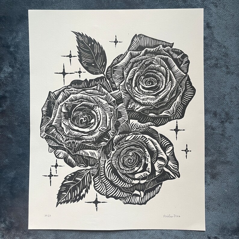 Roses Handprinted Linocut - Etsy