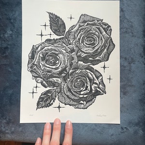 Roses Handprinted Linocut - Etsy