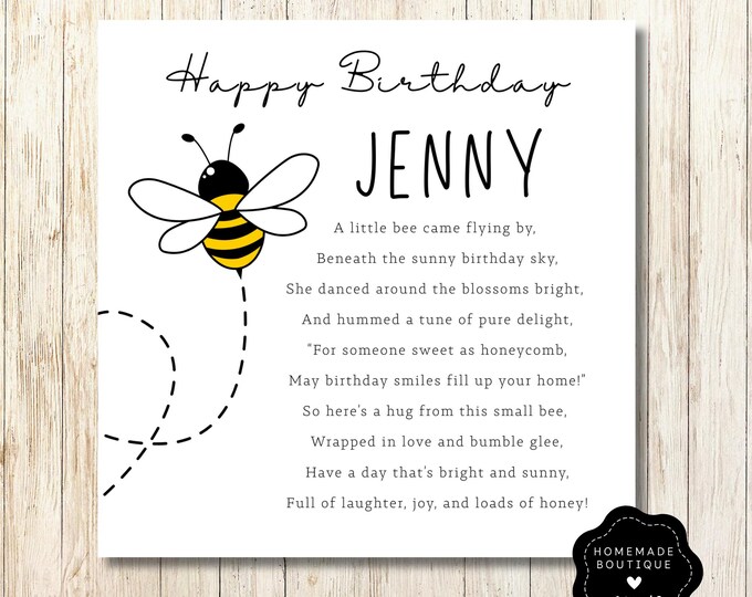 Happy Bee-day Birthday Card – Personalised Card – Cute Bumblebee Poem ...
