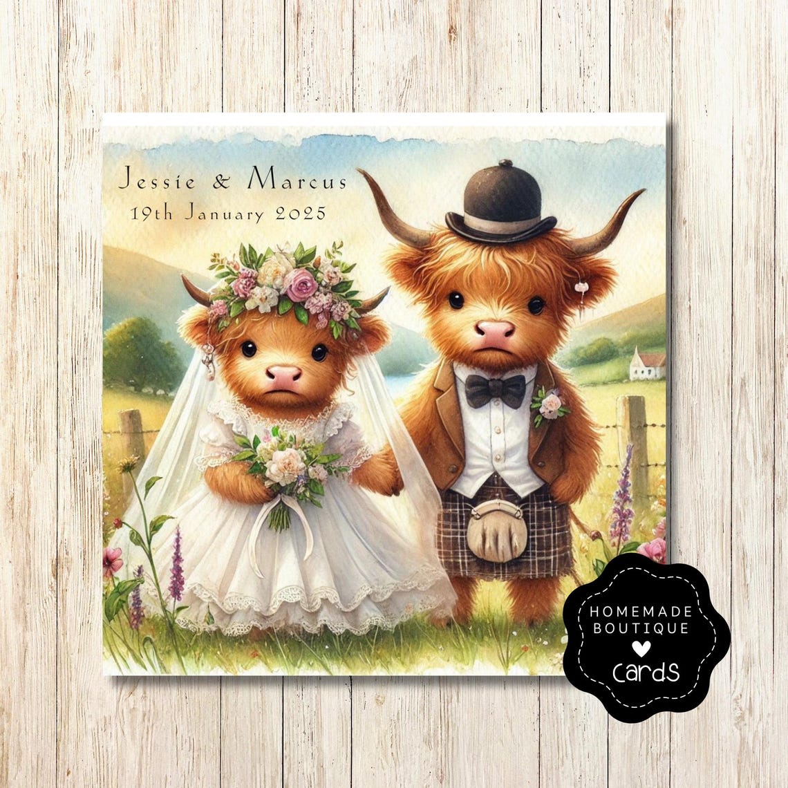 Wedding Card, Highland Cow, Wedding Day, Personalised Named Wedding ...