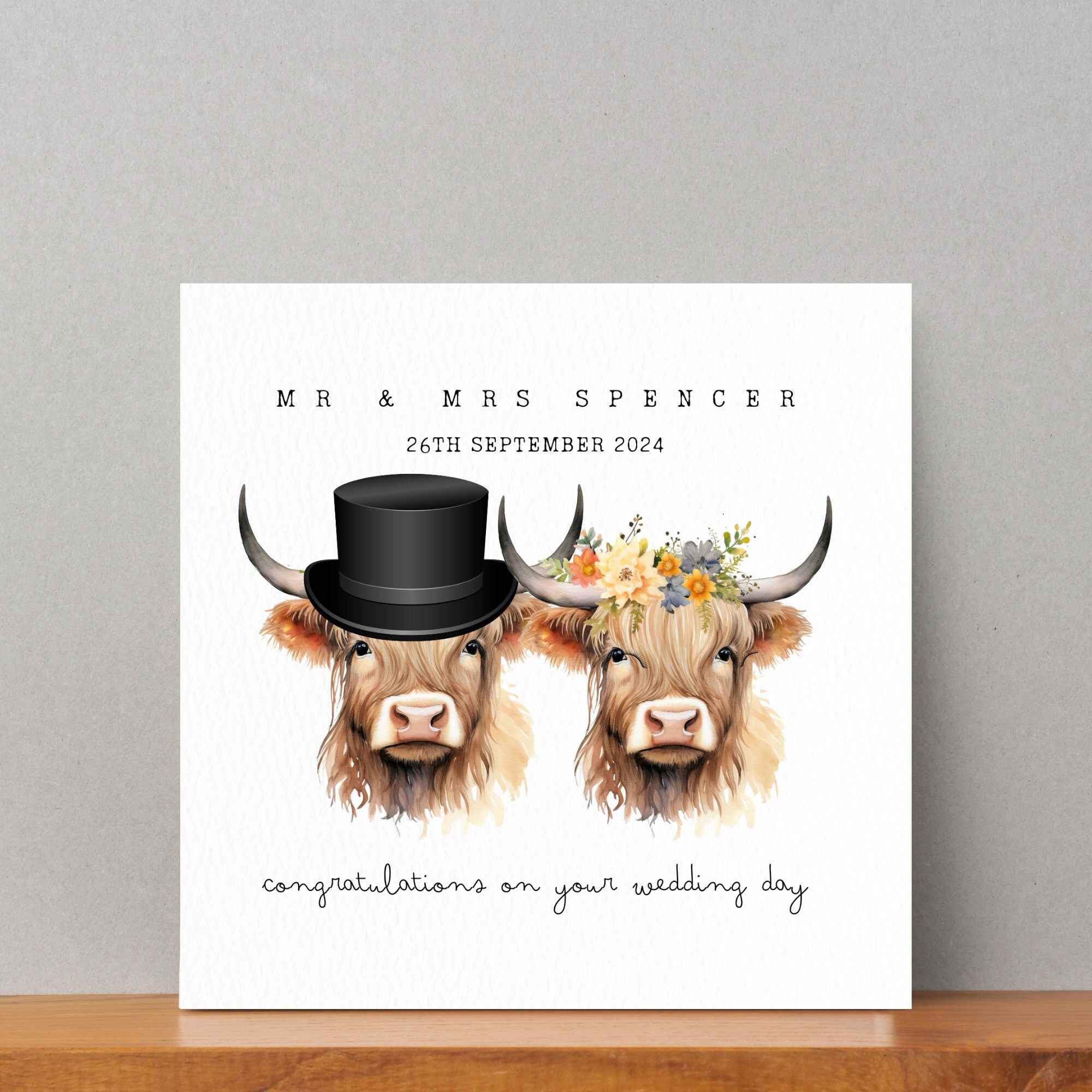 Wedding Card, Highland Cow, Wedding Day, Personalised Named Wedding ...