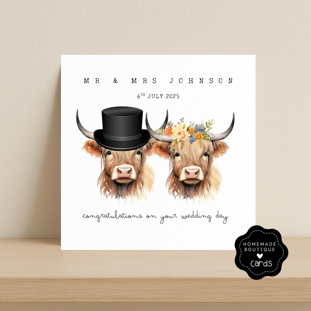 Personalised Highland Cow Wedding Card – Rustic Wedding - Mr & Mrs ...