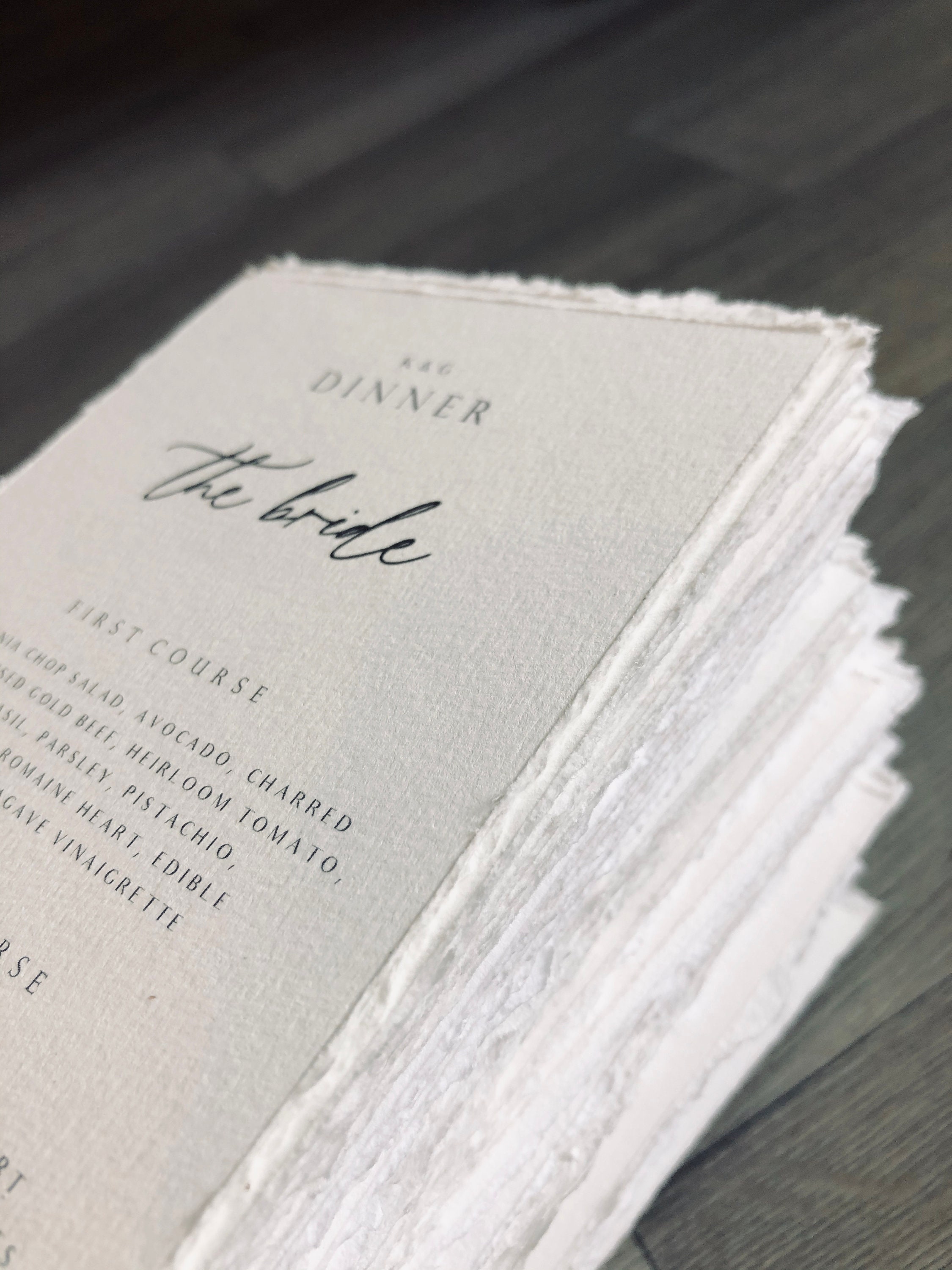 Bespoke Wedding Menu With Guest Names | Deckled Edge Handtorn Paper ...