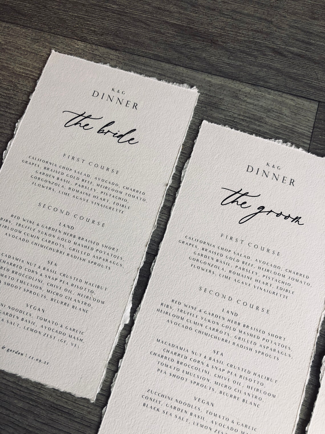 Bespoke Wedding Menu With Guest Names | Deckled Edge Handtorn Paper ...