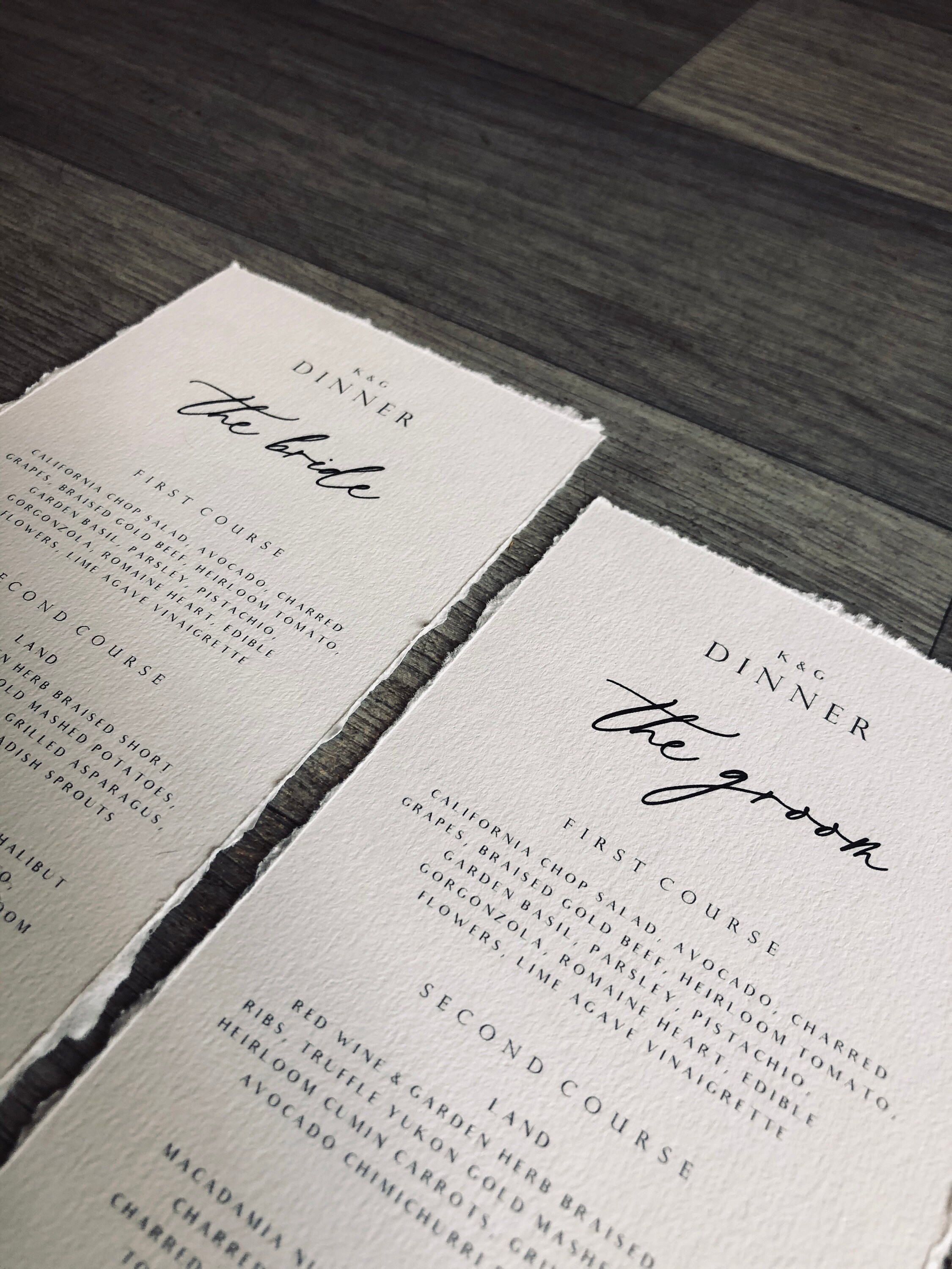 Bespoke Wedding Menu With Guest Names | Deckled Edge Handtorn Paper ...
